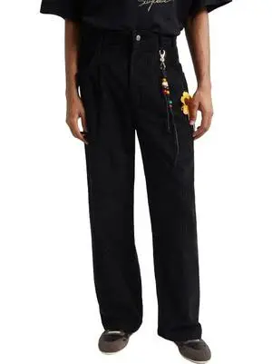 SONG FOR THE MUTE Pleated Corduroy Pants With Floral Embellishment - Black
