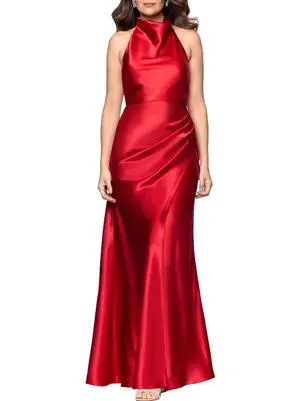 Betsy & Adam Charmeuse Halter Trumpet Gown - Red