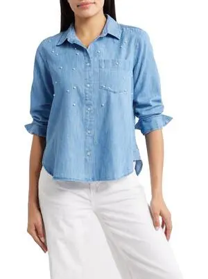 BEACHLUNCHLOUNGE Kenna Pearly Bead Chambray Shirt - Medium Wash