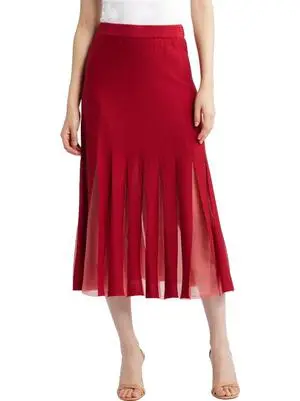 Misook Sheer Panel A-line Midi Skirt - Scarlet Red