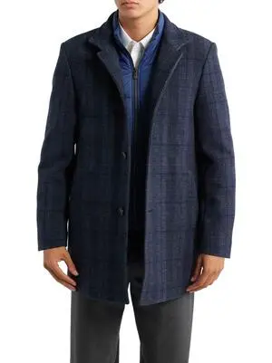 Hart Schaffner Marx Mason Plaid Wool-blend Overcoat With Quilted Bib - Navy Plaid