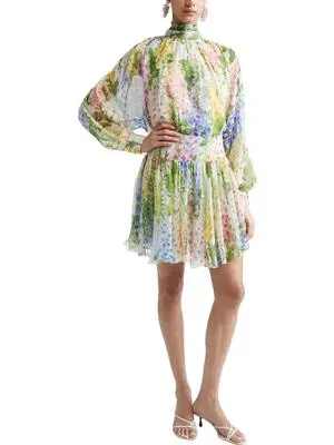 Oscar De La Renta Foxglove Long Sleeve Silk Chiffon Dress - White Multi