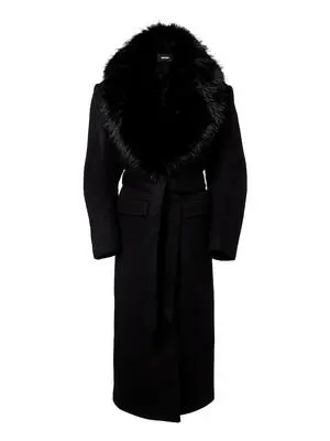 ROTATE BY BIRGER CHRISTENSEN Belted Wool Coat With Detachable Collar - Black