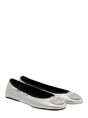 Tory Burch Reva Travel Leather Ballet Flats Silver