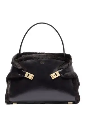 FERRAGAMO Hug Medium Shearling-trimmed Leather Shoulder Bag - Black