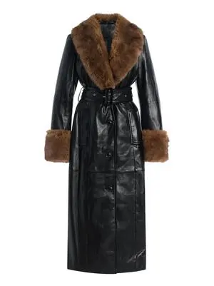STAND STUDIO Estella Vegan Leather Coat With Faux Shearling Trim - Black
