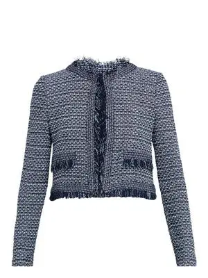Misook Fringe Trim Cropped Tweed Jacket - Moonlit Na