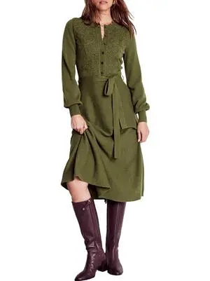 Boden Lace Appliqué Long Sleeve Tie Belt Midi Sweater Dress - Forest Glade