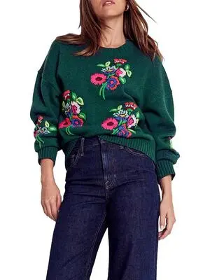 Boden Embroidered Crewneck Sweater - Emerald Night Bouquet