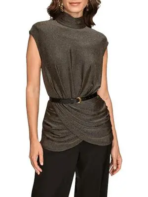 Donna Karan New York Ruched Metallic Belted Mock Neck Top - Black/gold