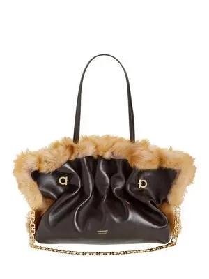 FERRAGAMO Gancio Piercing Shearling Shoulder Bag - Naturale