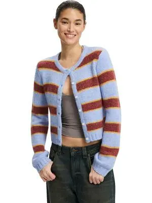 COTTON ON Luxe Crew Cardigan - Dusk Blue Berry Stripe