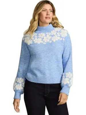 LANDS' END Fuzzy Jacquard Turtleneck Lantern Sleeve Sweater - Clear Blue Sky Heather