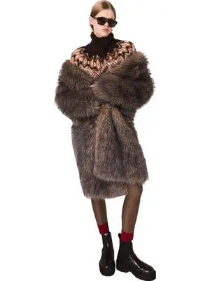 Maje Long Faux Fur Coat Black / White / Pink / Gray