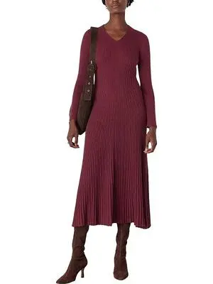 Whistles V Neck Cable Ribbed Knit Dress - Burgundy
