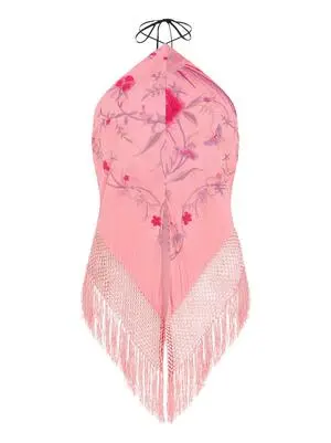 CONNER IVES Conner Ives Silk Piano Shawl Halter Top With Hand-Embroidery And Fringe