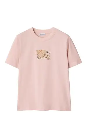 Burberry Cotton T-Shirt With Check And EKD Embroidery Pink