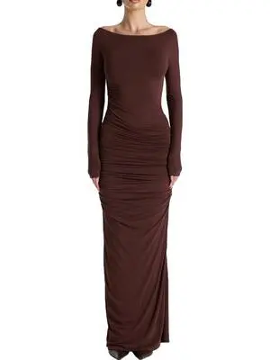 Naked Wardrobe Off-the-shoulder Ruched Maxi Dress - Chocolate
