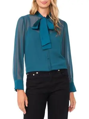 Vince Camuto Sheer Button-up Pussybow Shirt - Deep Teal