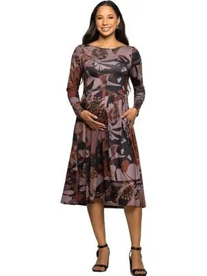 24SEVEN COMFORT APPAREL Long Sleeve Fit And Flare Midi Maternity Dress - Gray Multi
