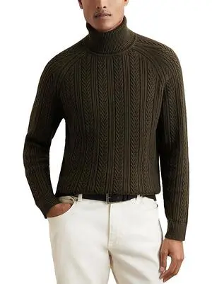REISS Dartford Cable Knit Turtleneck Sweater Dark Olive