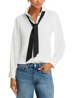 French Connection Quinn Crepe Satin Bow Shirt - White/black