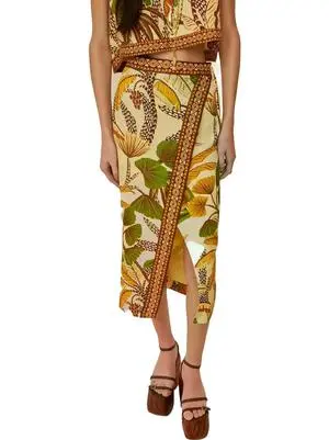 Farm Rio Foliages Ketch-print Sketch Wrap Midi Skirt - Neutrals