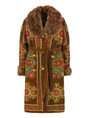 ZAZI Fur Trim Embroidered Coat - Brown
