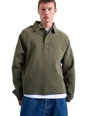Topman Raglan Sleeve Boxy Cotton Blend Polo Sweatshirt - Khaki