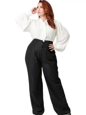 Unique Vintage High-waist Wide Leg Trousers - Black Solid