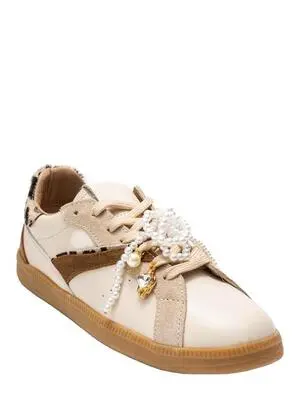 FOREVER & ALWAYS SHOES Taren Leather Pearl Buckle Sneakers - Beige Leather