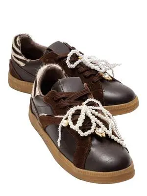 FOREVER & ALWAYS SHOES Taren Leather Pearl Buckle Sneakers - Brown Leather