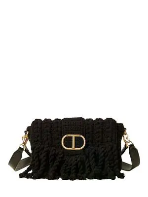 TWINSET Fringed Satchel With Logo Plaque - Black