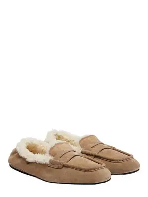 Miu Miu Shearling-lined Suede Penny Loafers - Beige