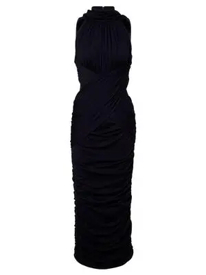 Balmain Ruched Wool Jersey Midi Dress - Blue
