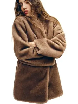 REFORMATION Devin Faux Fur Coat - Brown