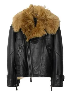 Burberry Cropped Shearling Aviator Jacket - Black