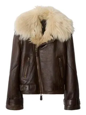 Burberry Cropped Shearling Aviator Jacket - Dark Brown