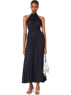 Maje Polyester Pleated Satin Maxi Dress - Navy
