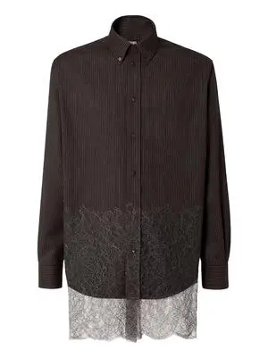 Fendi Pinstriped Wool Shirt With Lace Insert - Brown