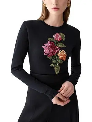 Carolina Herrera Embellished Long Sleeve Crewneck Top - Black Multi