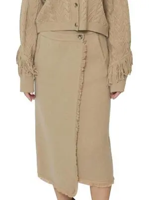 Central Park West Elyse Fringe Asymmetrical Midi Skirt - Camel