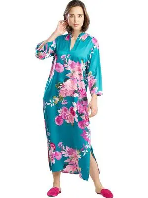 Natori Empress Printed Satin Caftan - Green