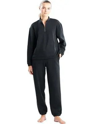 Natori Brushed Knit Quarter-zip Pullover Top - Black