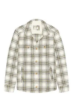 Marine Layer Max Herringbone Overshirt In Cream - Natural & Blue Plaid