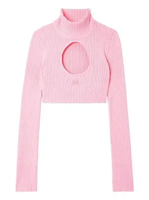 COURREGES Cropped Cutout Ribbed-knit Turtleneck Sweater - Baby Pink