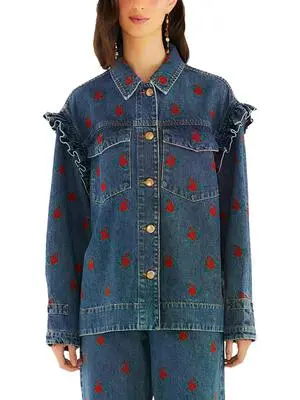 Farm Rio Embroidered Flowers Jacket - Blue