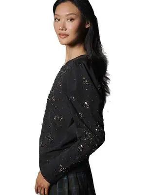 PILCRO Puff-sleeve Embellished Top - Carbon Black