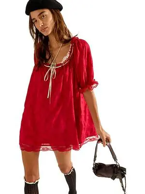 Free People Embroidered Mini Dress - Retro Red Combo