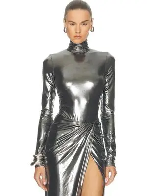 LAQUAN SMITH Long Sleeve Mock Neck Bodysuit In Metallic - Silver